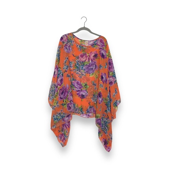 123 USA | Tops | 23 Usa Orange Floral Flowy Sheer Cape Sleeve Shirt ...
